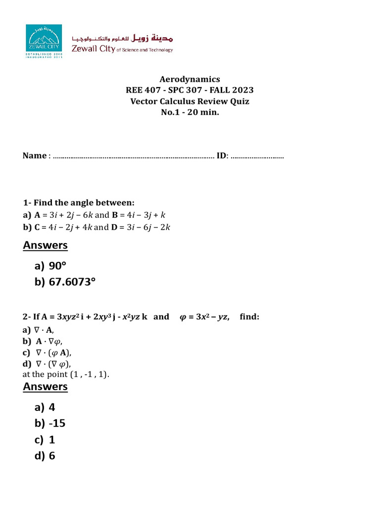Vector Calculus Review Quiz 2023 | PDF
