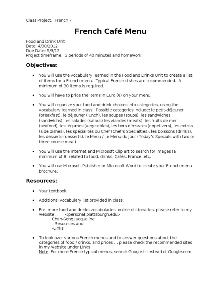 Class Project Create French Cafe Menu | PDF | Menu | Hors D'oeuvre