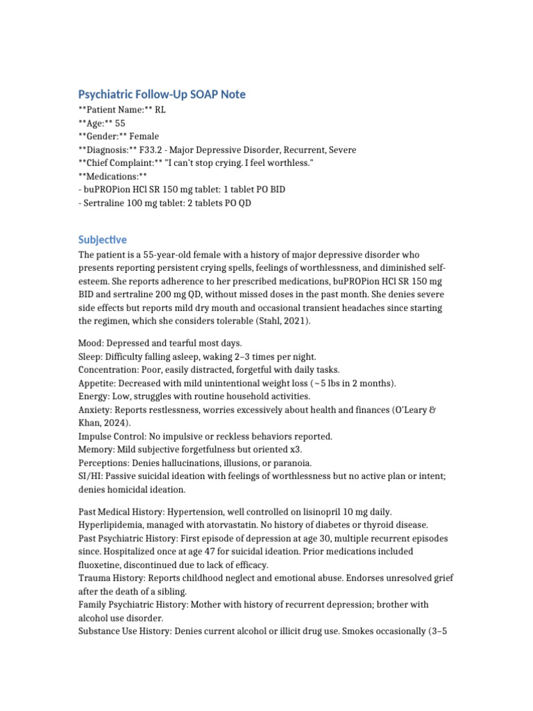 Psychiatric SOAP Note: Major Depression | PDF | Major Depressive ...