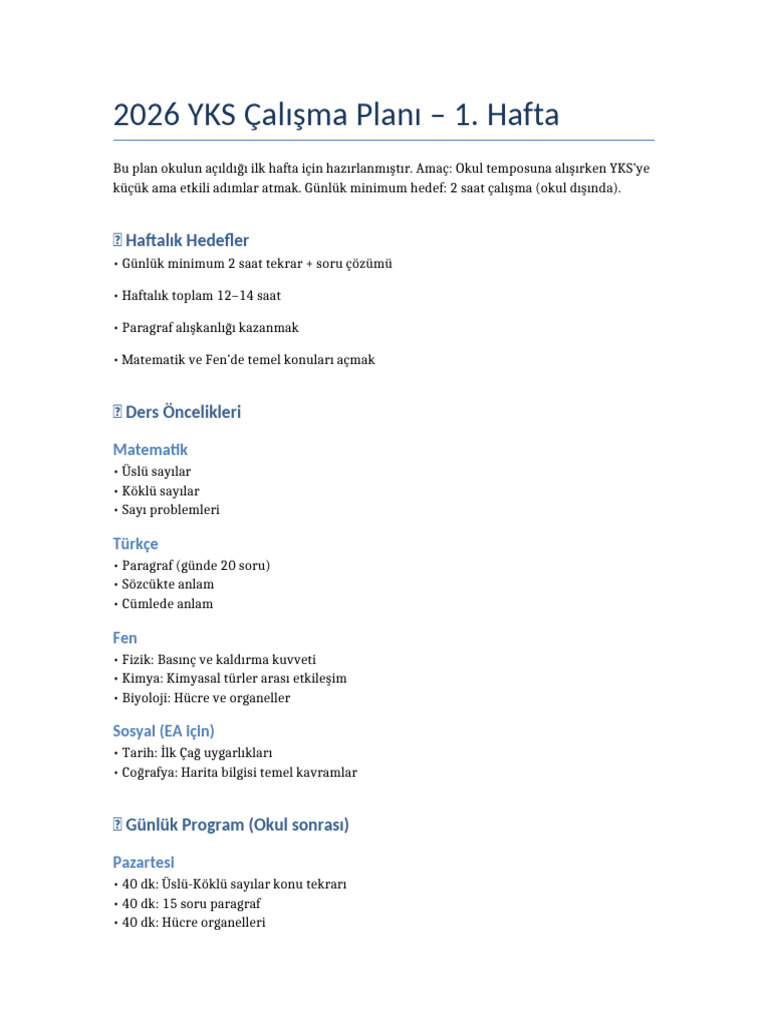 YKS 2026 Hafta1 Plan | PDF