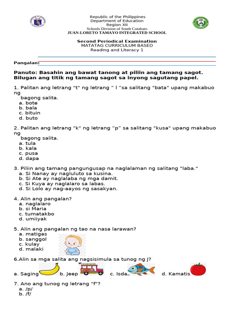 GRADE 1 MATATAG READING and LITERACY With TOS 2nd QUARTER | PDF