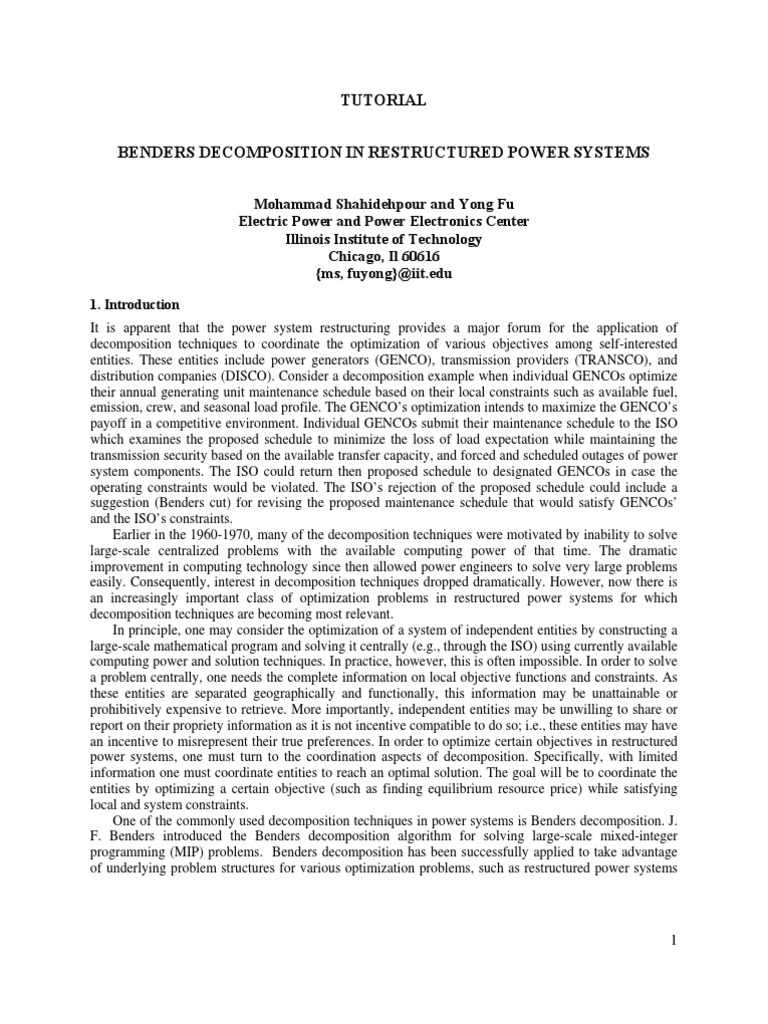 Benders Decomposition in Restructured Power Systems | PDF | Linear Programming | Mathematical ...