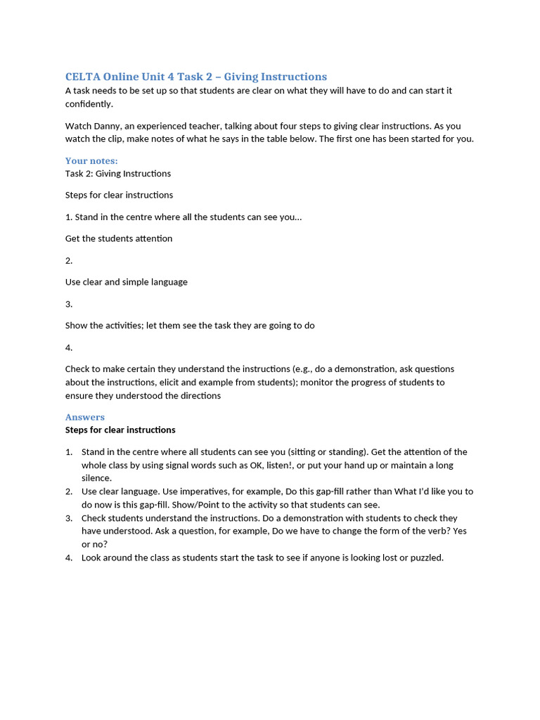 CELTA Online Unit 4 Task 2 - Giving Instructions | PDF