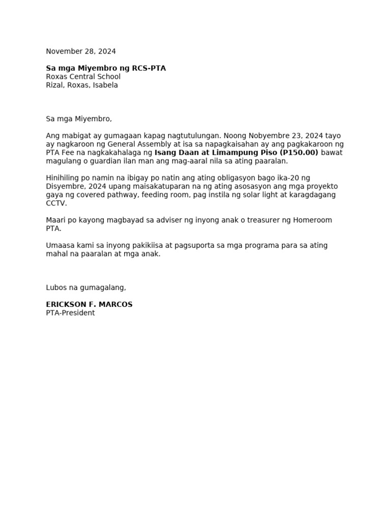 PTA Fee Letter | PDF