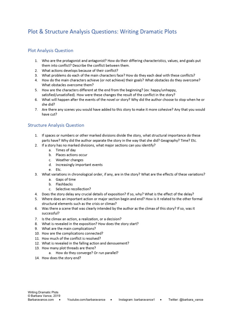 Plot Analysis Questions - Writing Dramatic Plots 101 | PDF | Plot ...