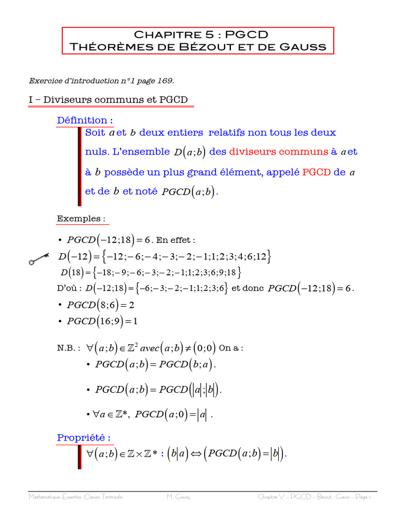 PGCD : Théorèmes de Bézout et Gauss | PDF | Nombre premier | Arithmétique