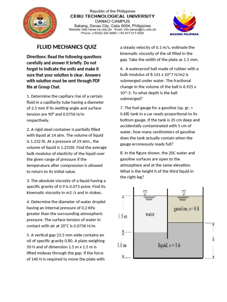 Fluid Mechanics Quiz Asynchronous | PDF | Pressure | Liquids