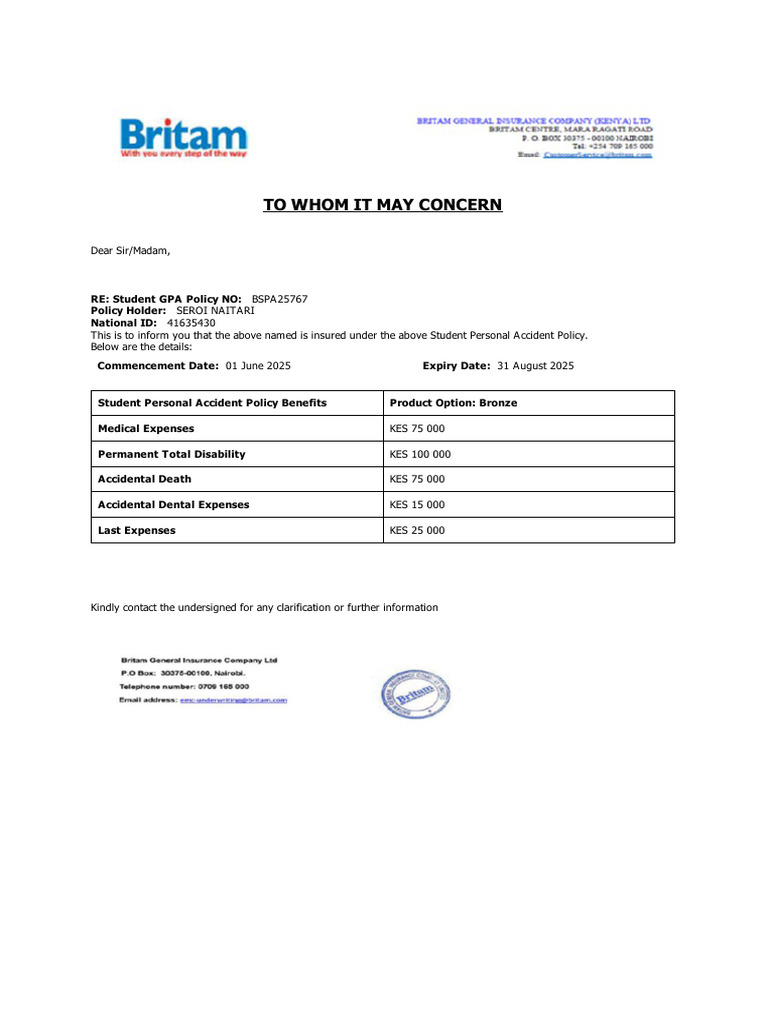 Britam Student Personal Accident Cover | PDF | Insurance