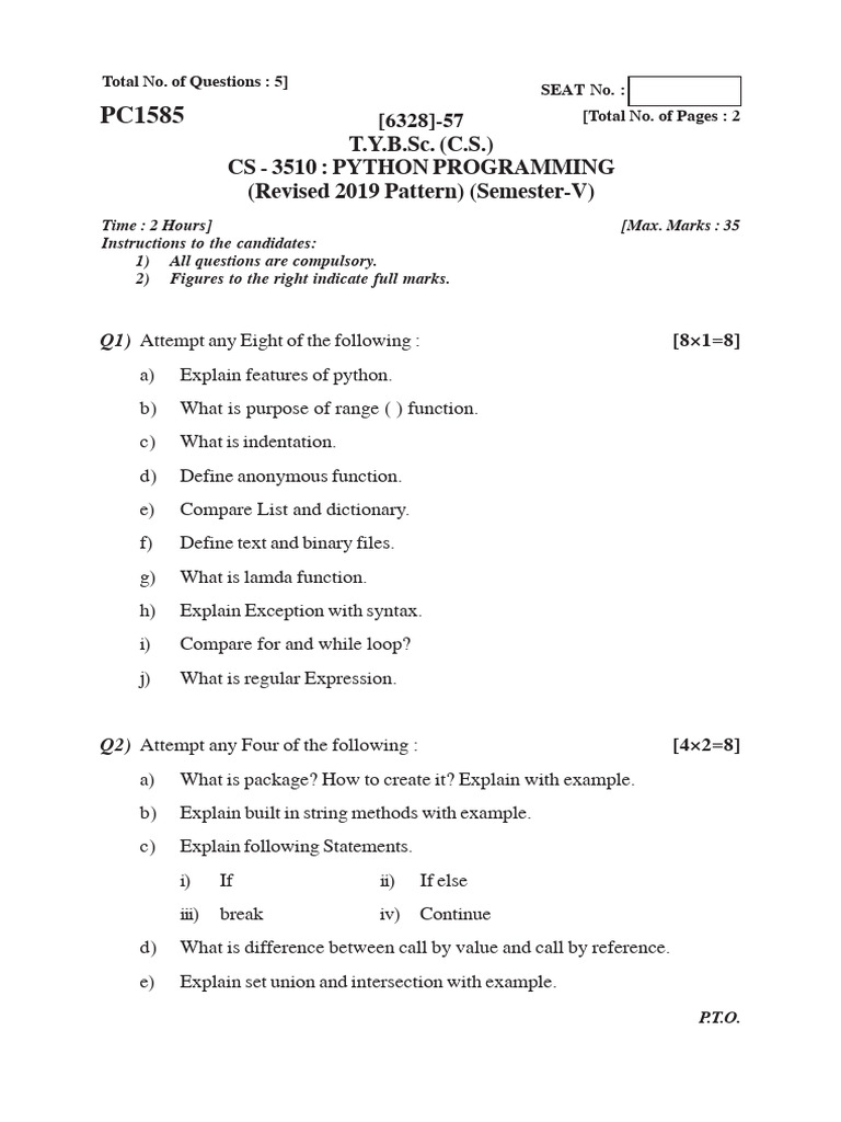 Question Paper TYB - SC SEM V Nov 2024 | PDF | Python (Programming ...