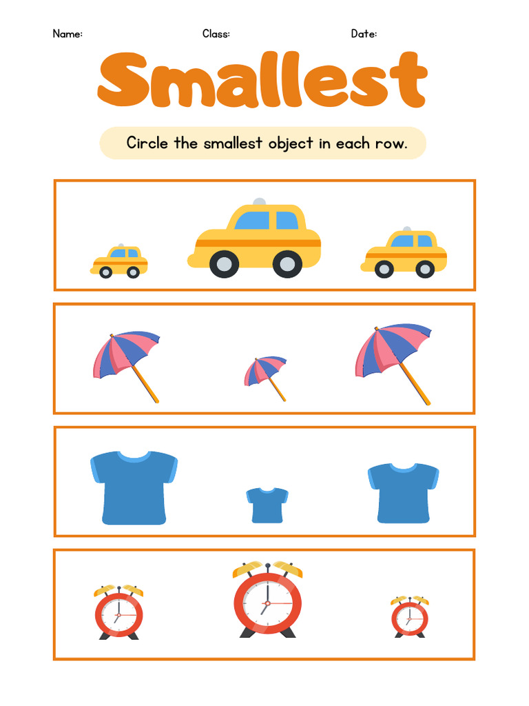 Smallest and Biggest Object Math Measurement Worksheet in White Orange Colorful Style | PDF