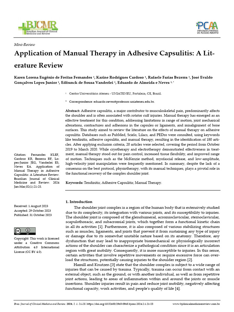 Application of Manual Therapy in Adhesive Capsulitis A 15fesm975s | PDF ...