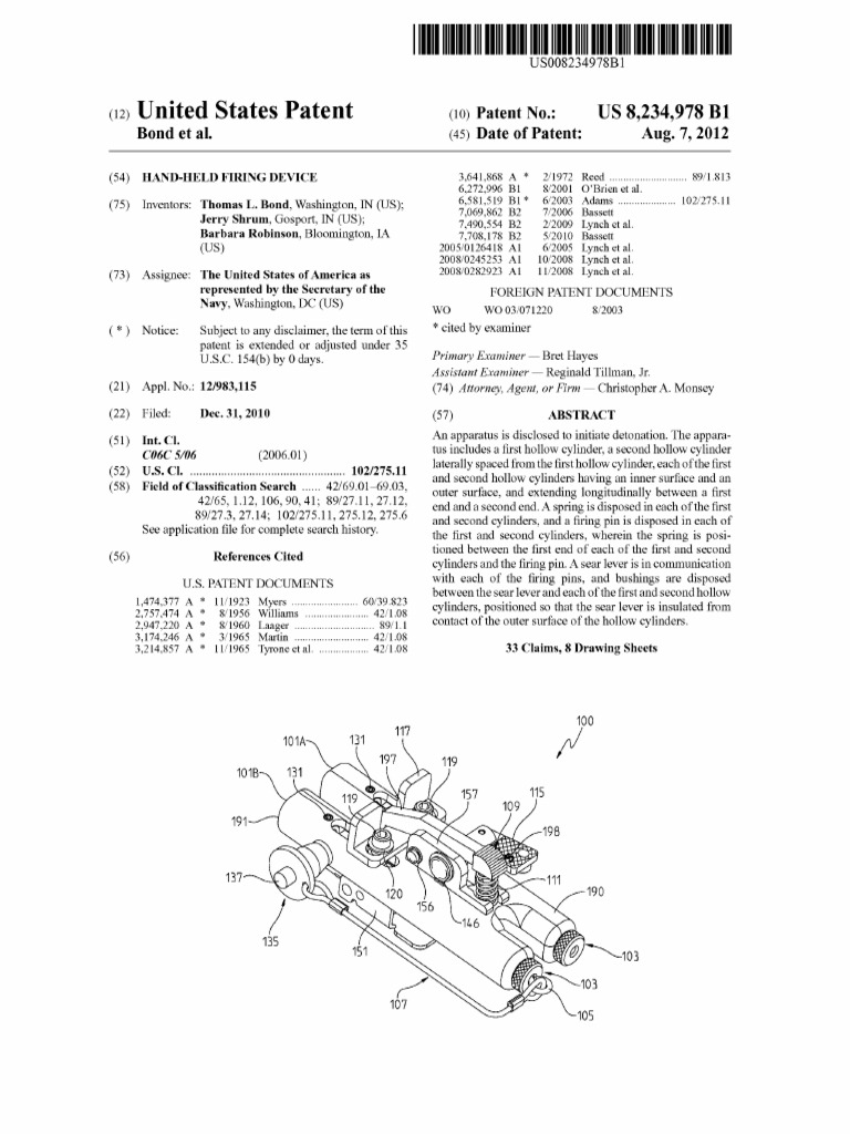 Hand Held Firing Device Patent US8234978 | PDF | Trigger (Firearms) | Screw