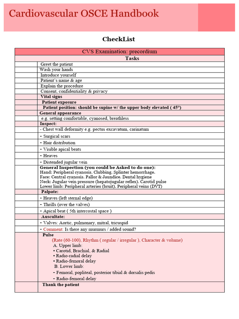 Comprehensive CVS Examination Checklist | PDF | Cardiopulmonary ...