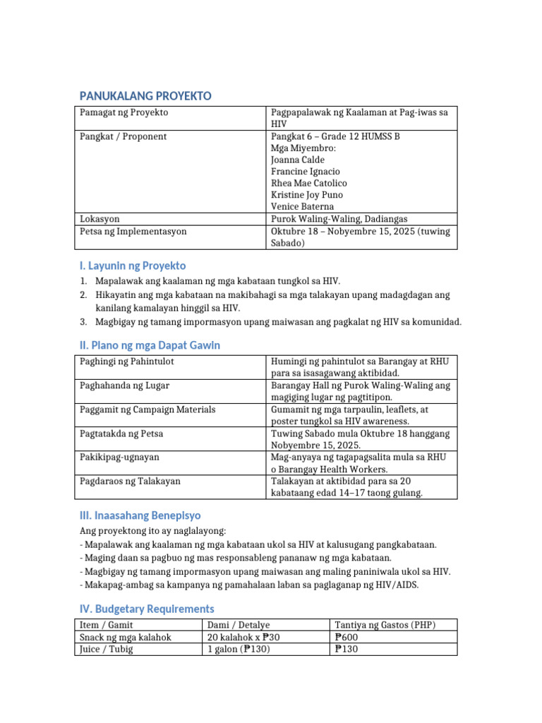 Panukalang Proyekto Pagpapalawak NG Kaalaman at Pag-Iwas Sa HIV | PDF