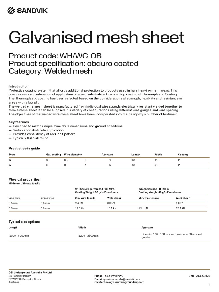 Sandvik WH WG Ob Galvanised Mesh Data Sheet | PDF | Wire | Materials ...