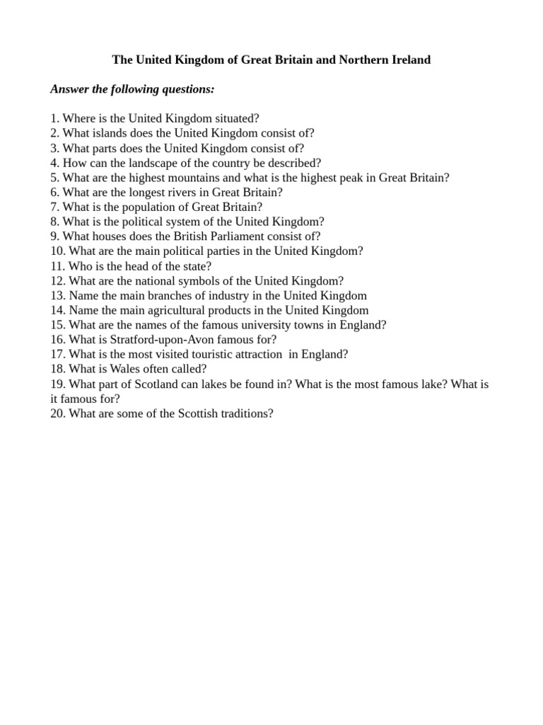 The United Kingdom. Questions | PDF