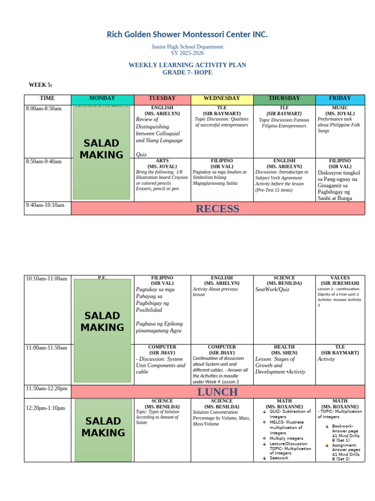 Grade 7 Weekly Learning Plan 2025-2026 | PDF | Multiplication | Arithmetic