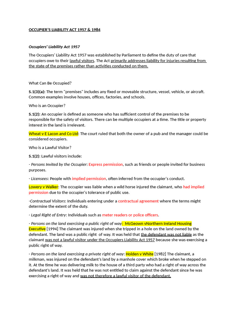 Overview of Occupiers' Liability Acts | PDF | Common Law | Private Law