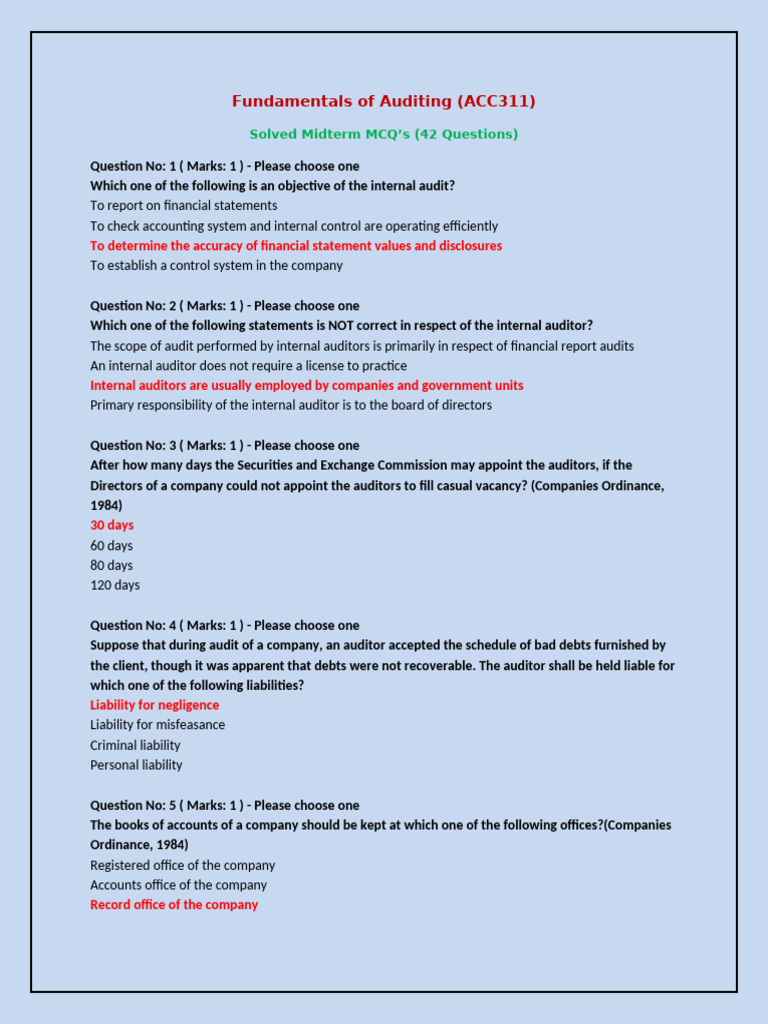 ACC311 Solved Midterm MCQS With Reference by Students. | PDF | Audit | Internal Control