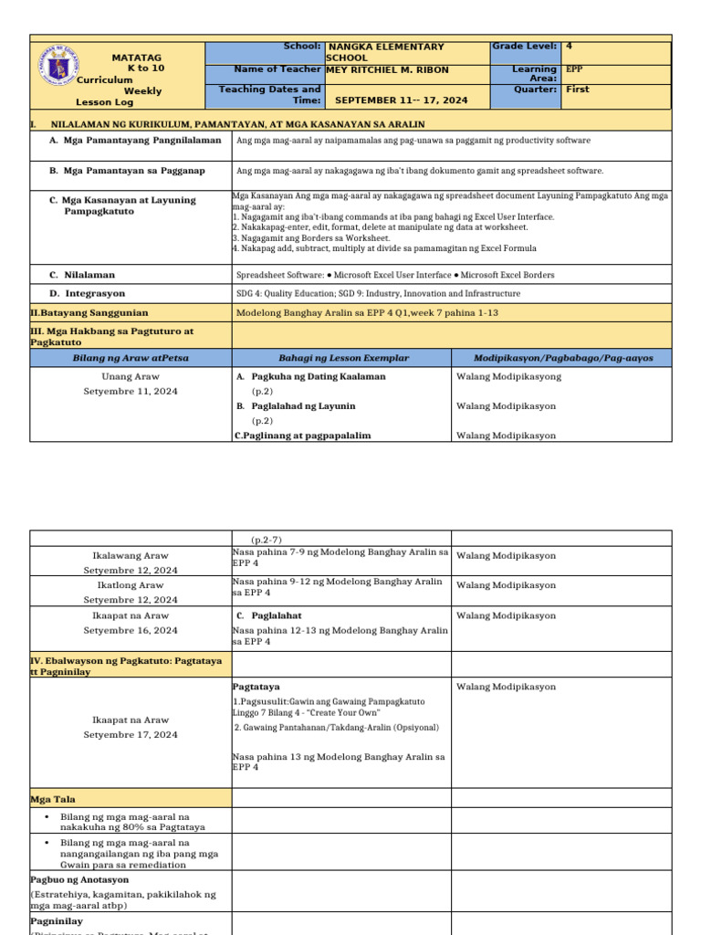 DLL Matatag - Epp 4 q1 w7 | PDF
