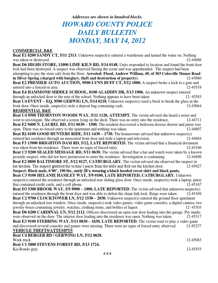Howard County Police Daily Bulletin | PDF | Leisure | Violence