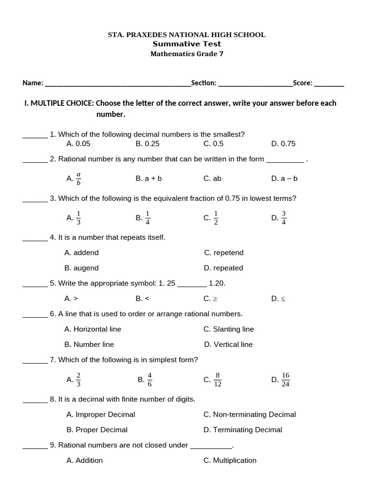 Grade 7 Math Summative Test Q2 | PDF | Numbers | Mathematics