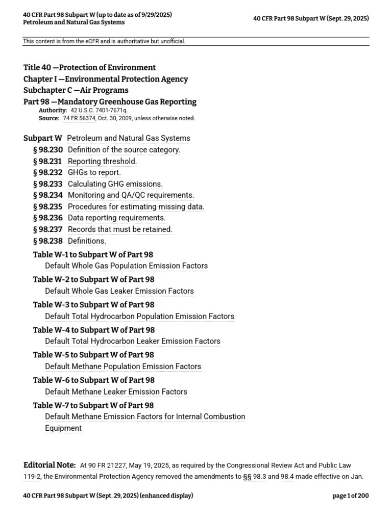 40 CFR Part 98 Subpart W (Up To Date As of 9-29-2025) | PDF | Natural ...