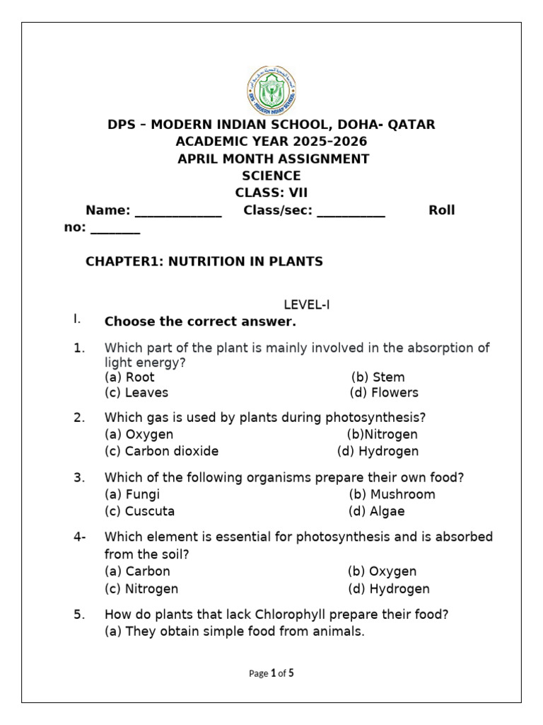 Class VII Science Assignment: Nutrition & Motion | PDF | Plants ...