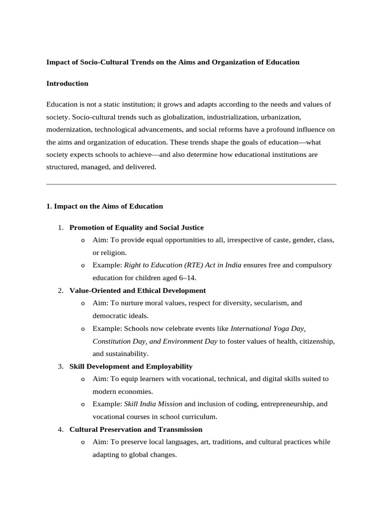 Impact of Socio-Cultural Trends On The Aims and Organization of ...