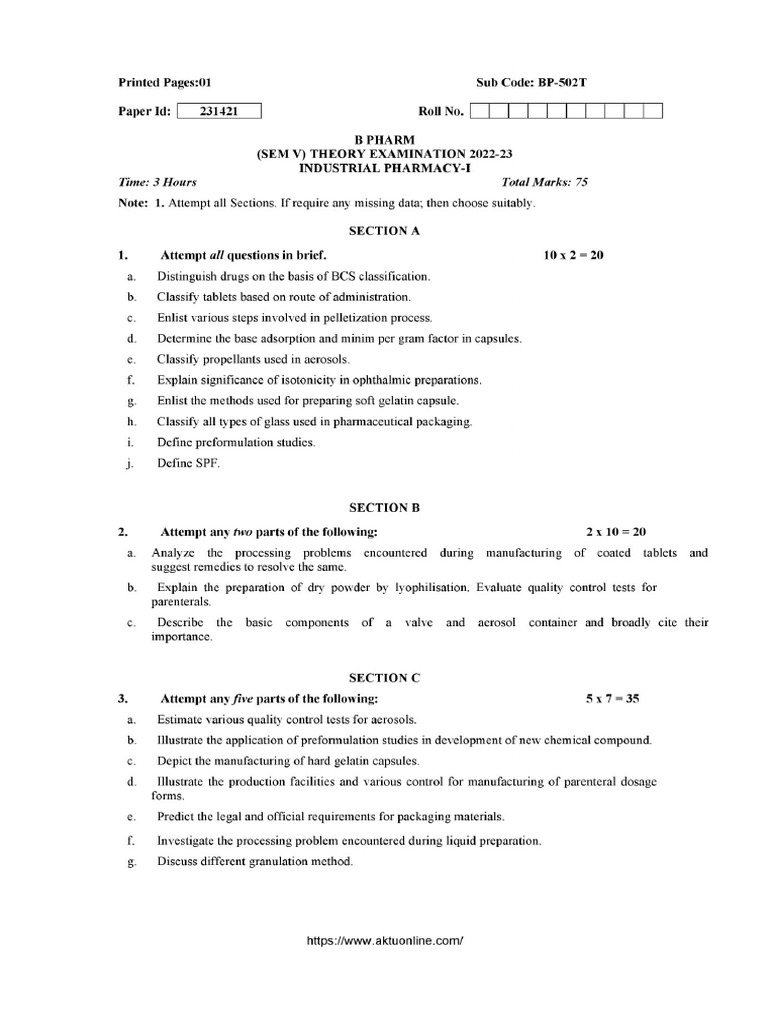 Industrial Pharmacy B. Pharmacy 5th Semester Pyq | PDF
