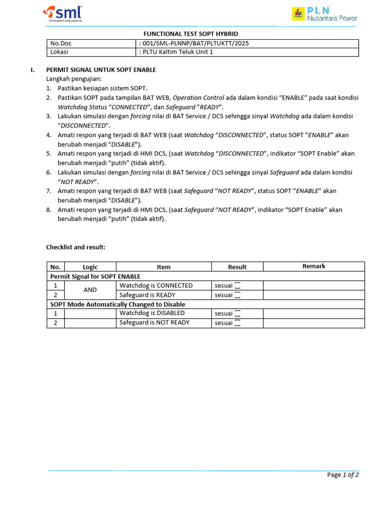 Functional Test SOPT Hybrid KTT Unit1 R01 | PDF