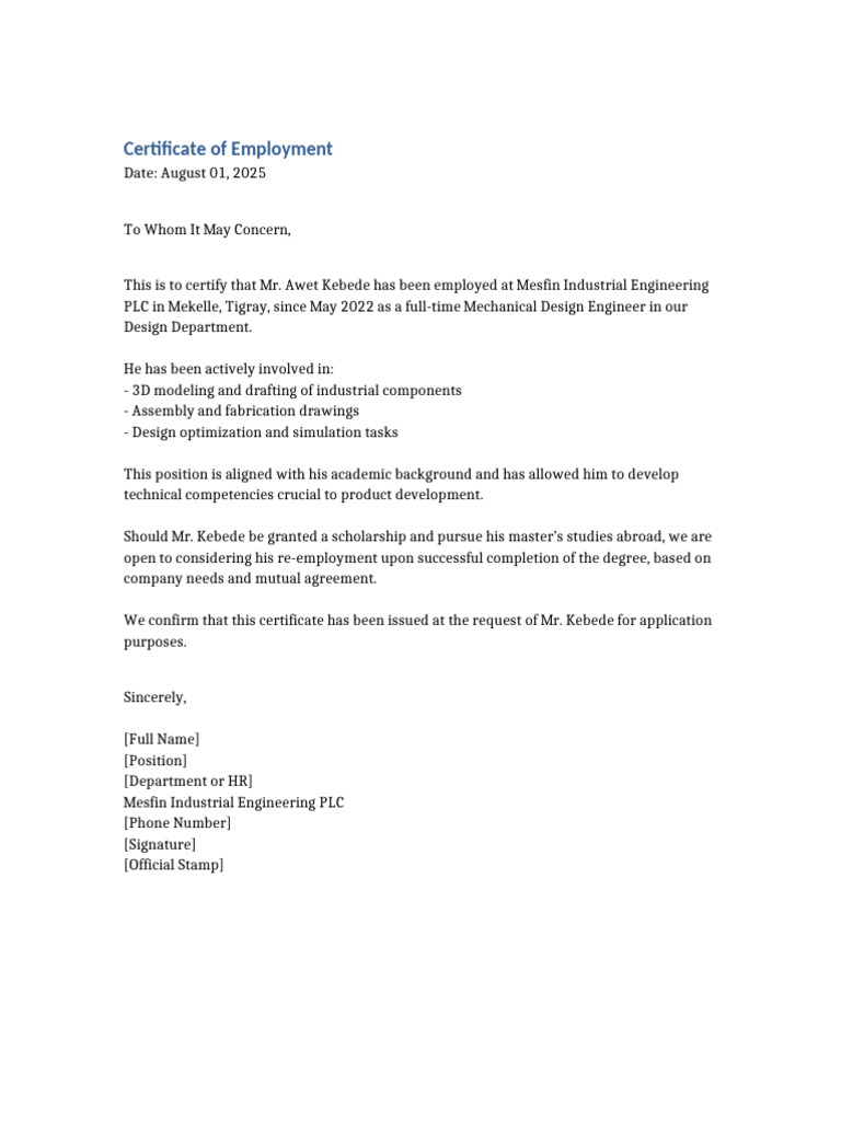 Certificate of Employment Mesfin Design | PDF