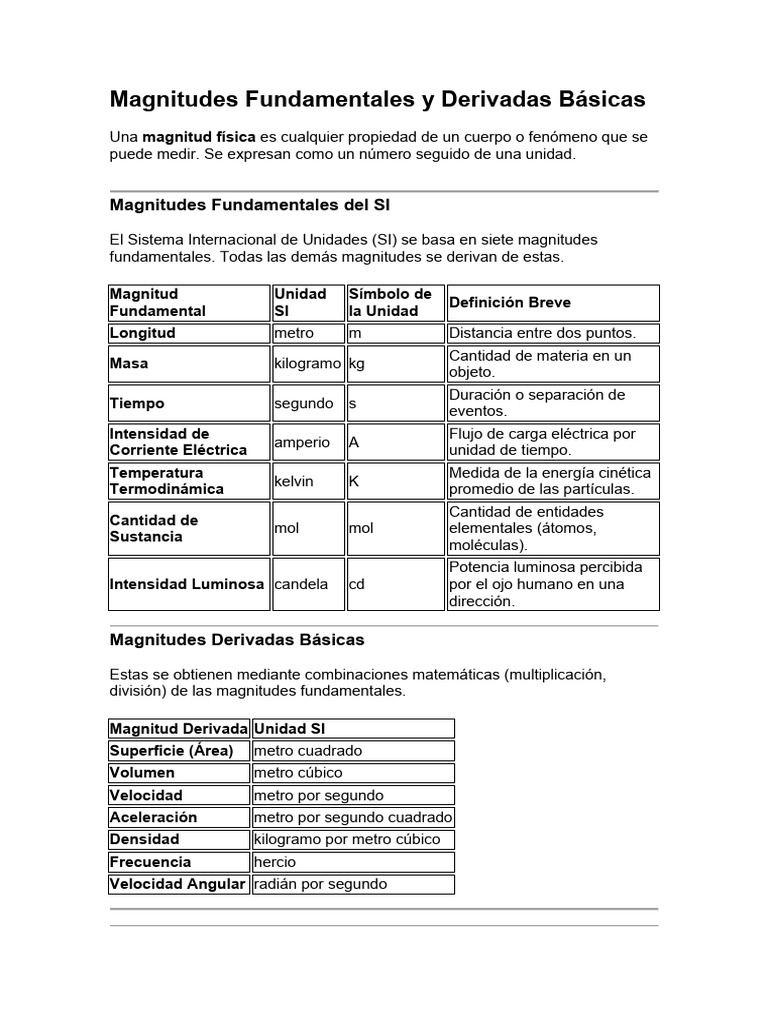 Magnitudes Fundamentales y Derivadas Básicas | PDF | Sistema ...