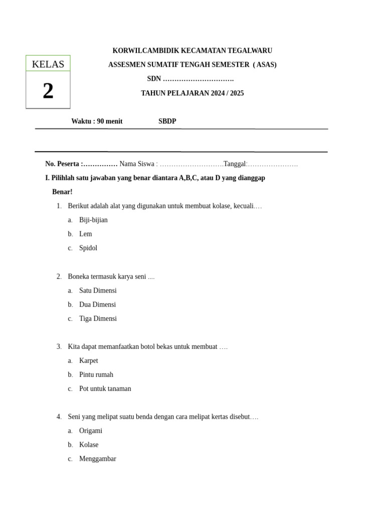Soal Asas SBDP Kelas II | PDF