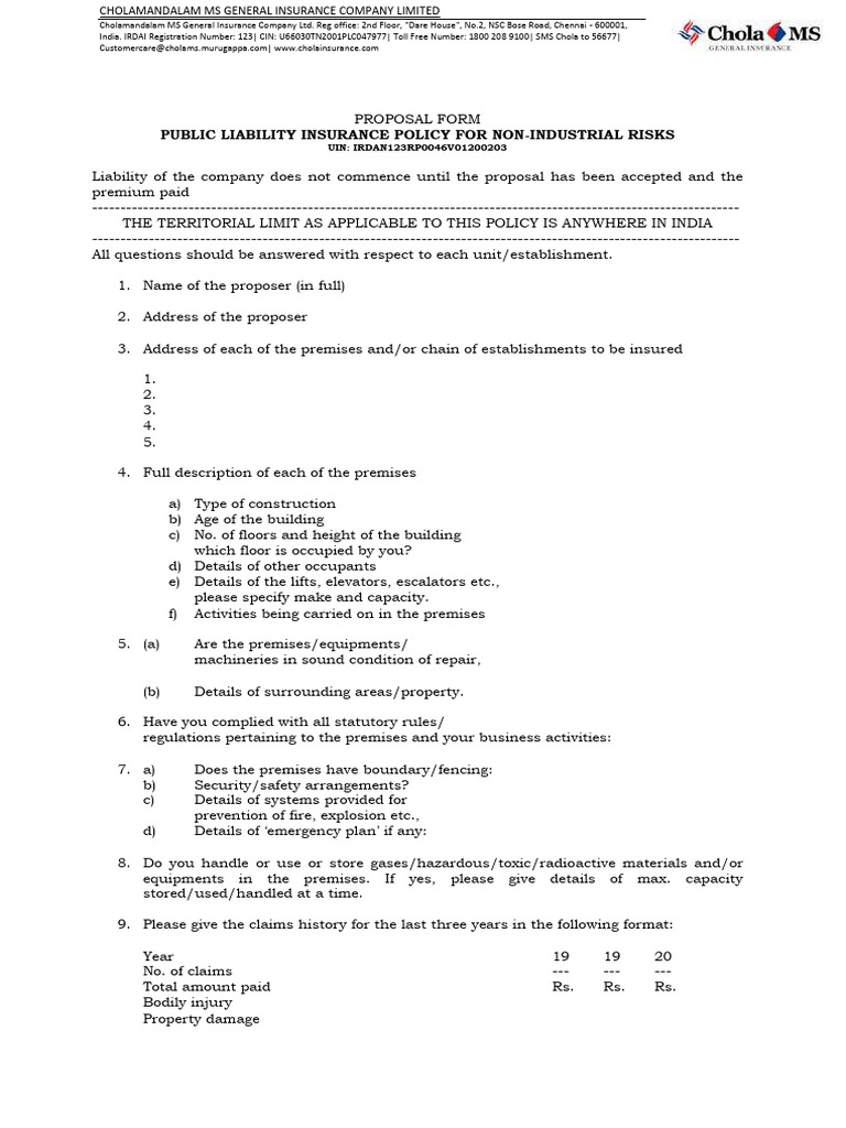 Proposal Form - Public Liability Insurance Policy For Non-Industrial Up ...