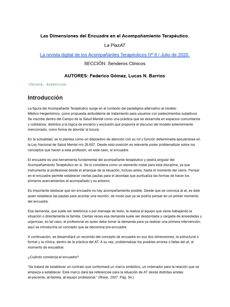 Dimensiones del Encuadre en Acompañamiento Terapéutico | PDF | Terapia ...