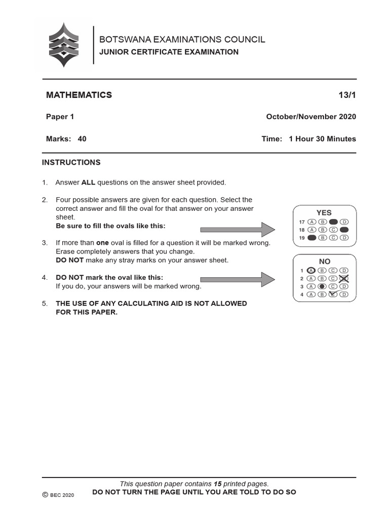 JCE Mathematics Paper 1 Exam 2020 | PDF | Angle | Quartile