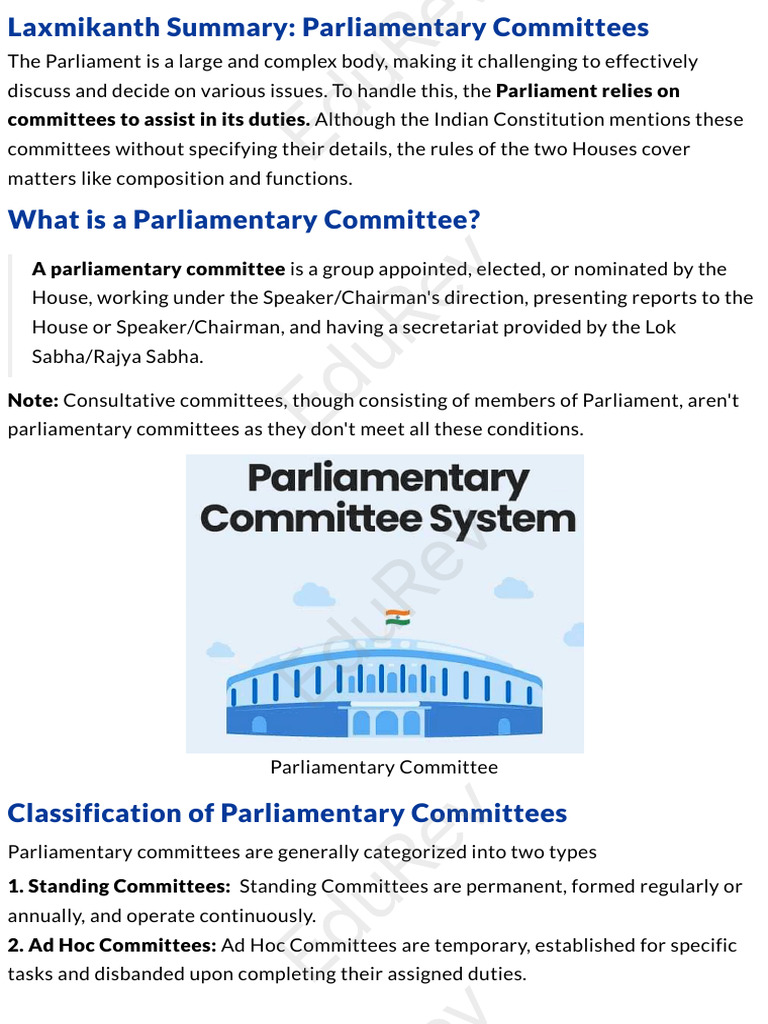 EduRev - Laxmikanth Summary - Parliamentary Committees | PDF | Committee | Government