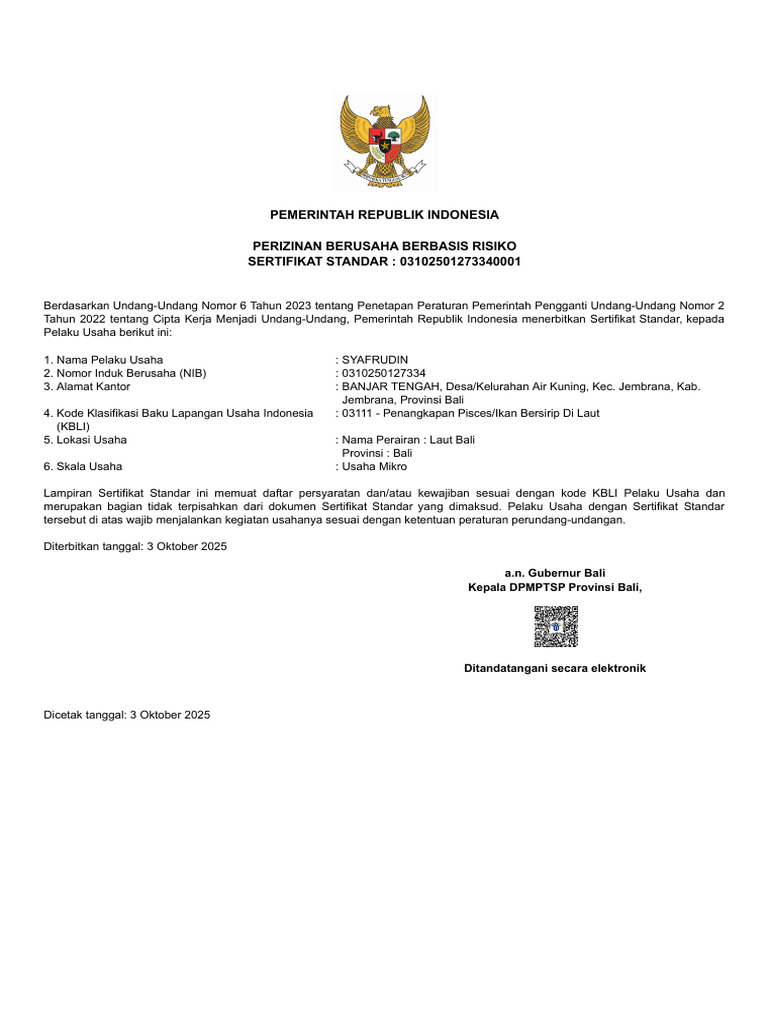 NIB-Syafrudin-Sertifikat Standar | PDF