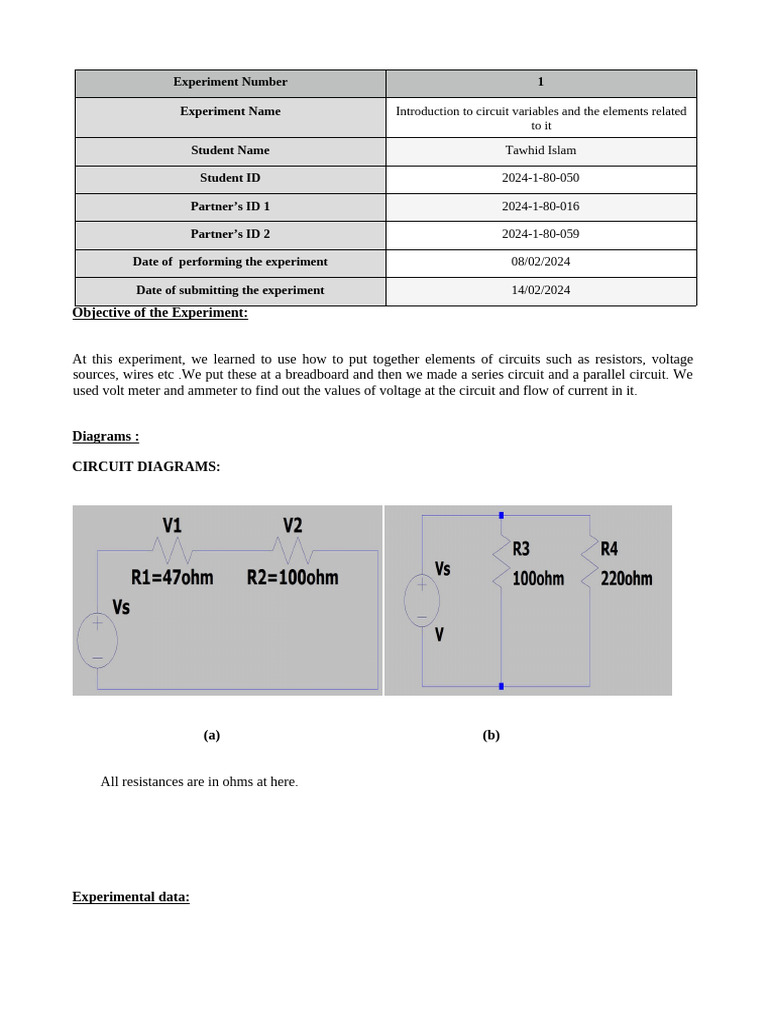 Circuit Variables Experiment Report | PDF | Resistor | Series And ...
