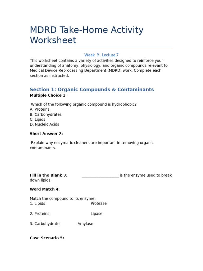 Week 9 Lecture 7 MDRD Take Home Activity Worksheet | PDF | Muscle | Enzyme