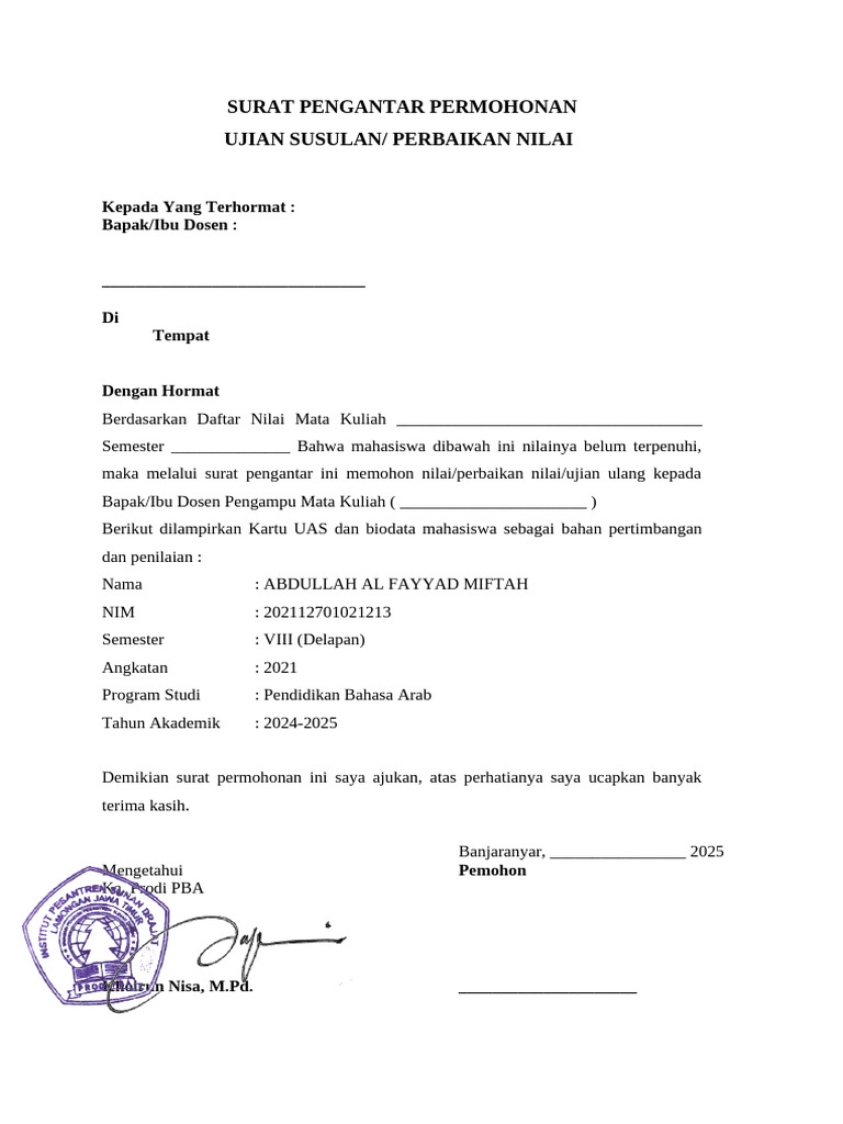 Surat Pengantar Perbaikan Nilai | PDF