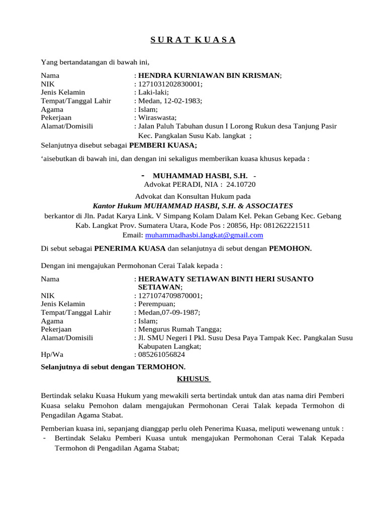 Surat Kuasa Permohonan Cerai Talak | PDF
