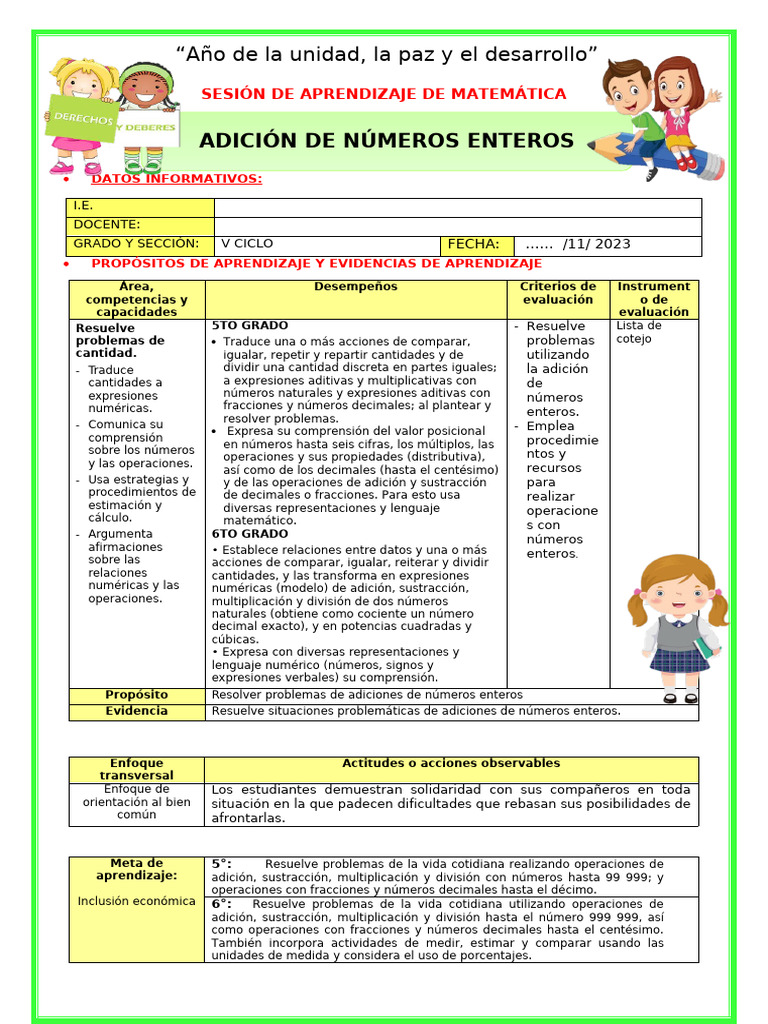 Ses Lun Mat Adición de Números Enteros | PDF | Números | Decimal