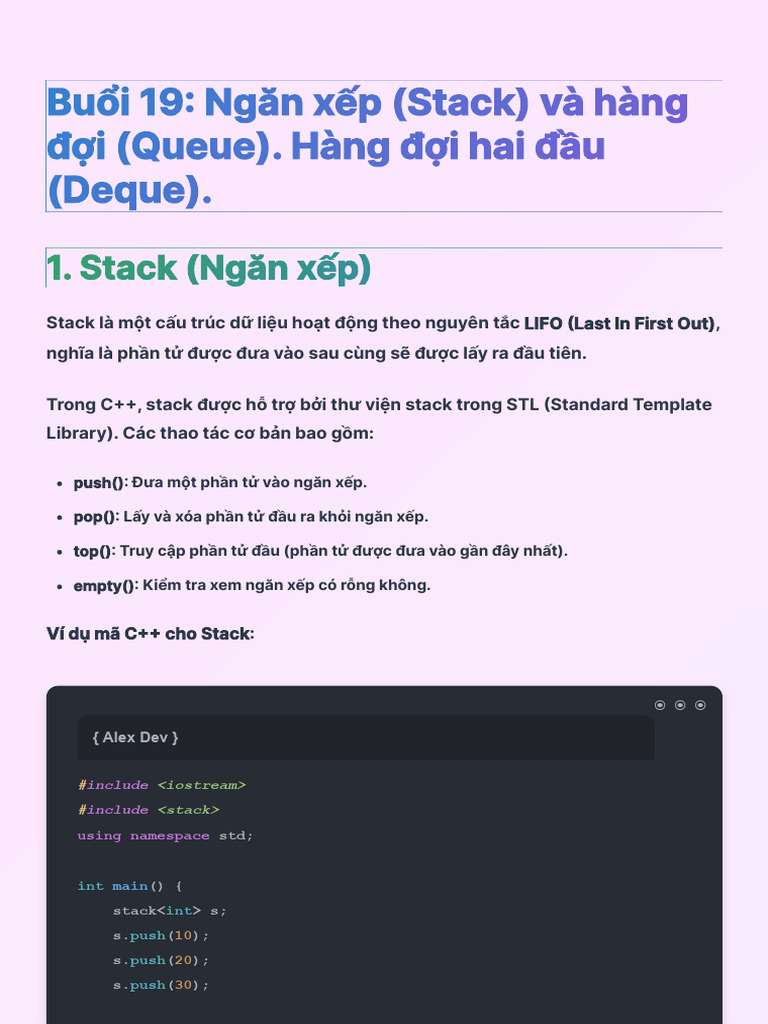 Buổi 19 Ngăn xếp (Stack) và hàng đợi (Queue) - Hàng đợi hai đầu (Deque) | PDF
