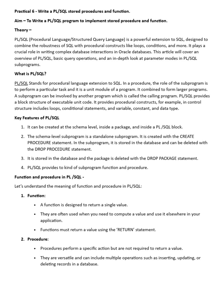 PL/SQL Stored Procedures Guide | PDF | Pl/Sql | Parameter (Computer Programming)