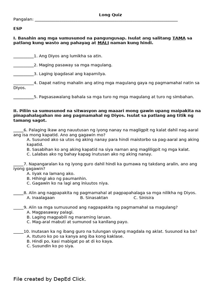 Grade 1 Long Quiz | PDF