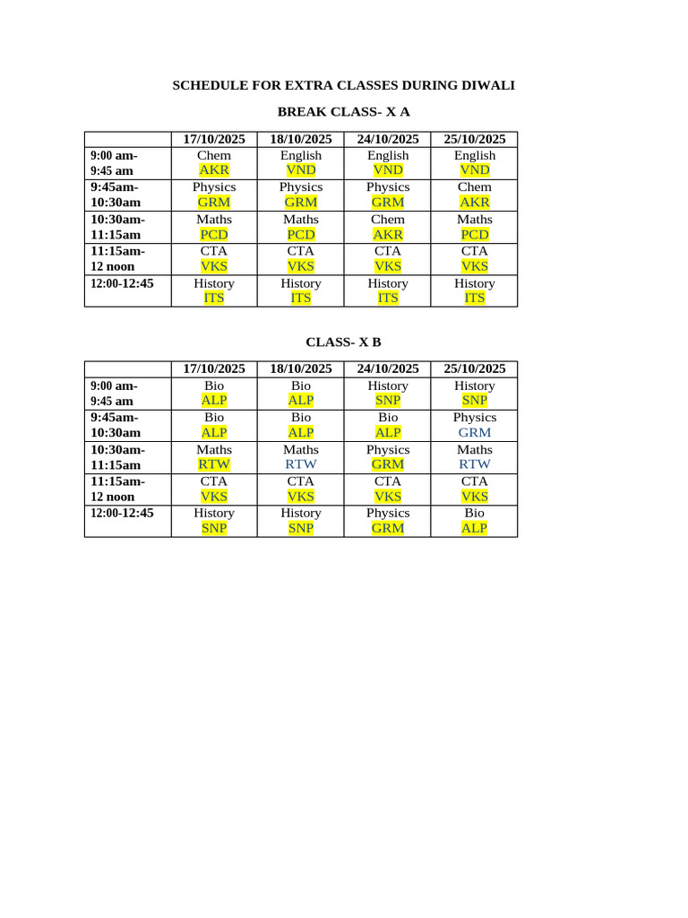 Diwali Extra Classes Schedule for X A & B | PDF