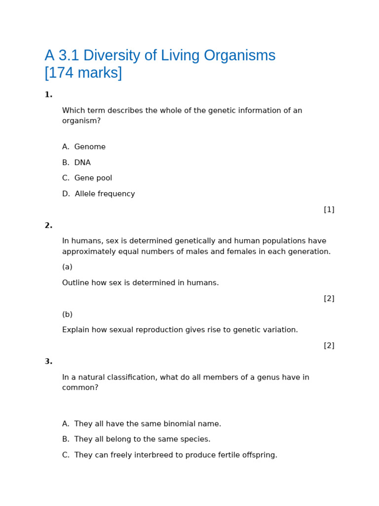 A 3.1 Diversity of Living Organisms | PDF | Genetics | Evolution
