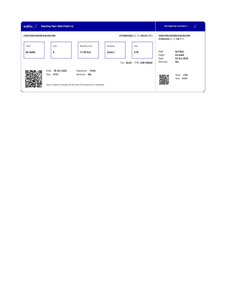 Flight Details for 6E 6684: HYD to COK | PDF